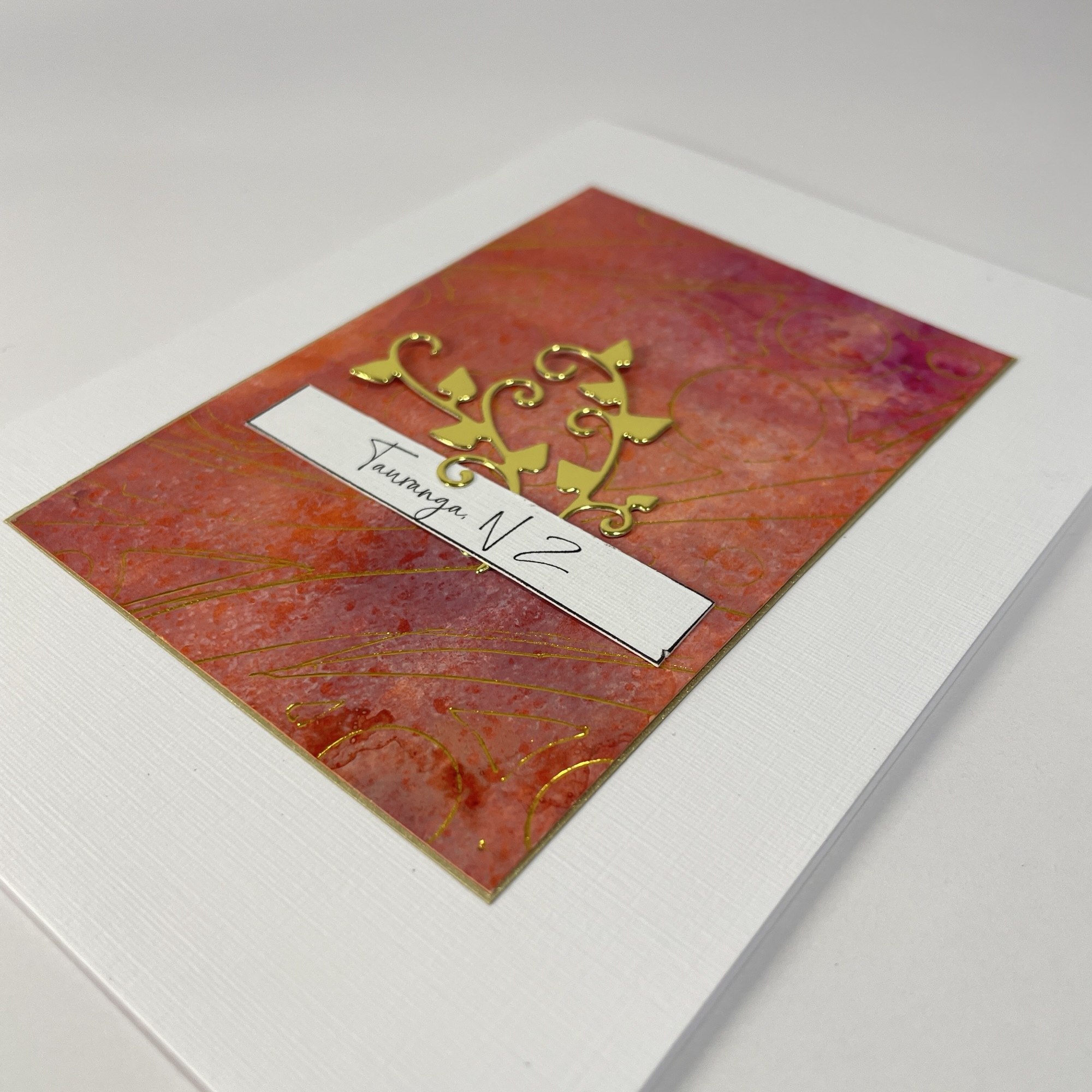 Card: Tauranga NZ with gold foliage on red and gold hand coloured ...